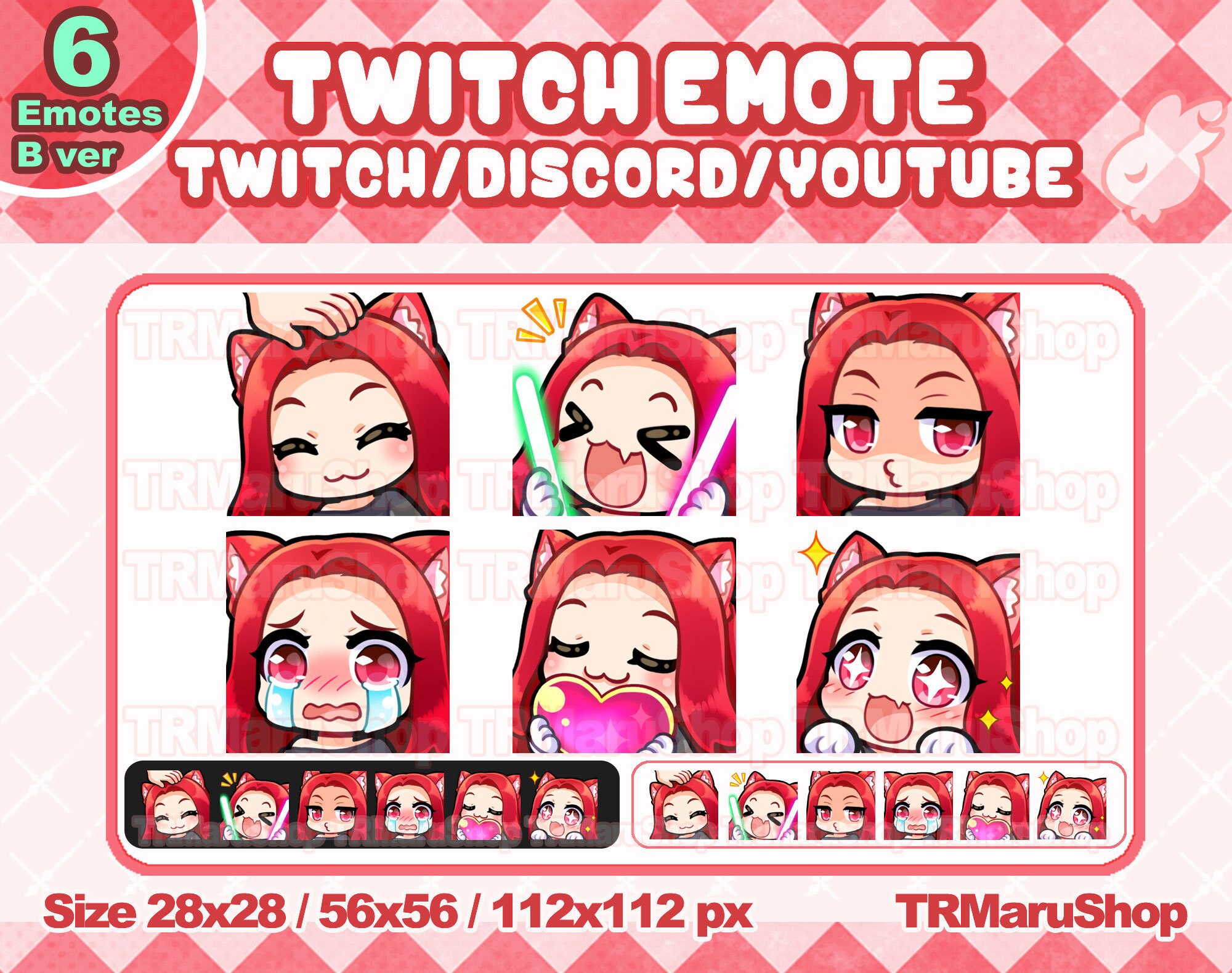 Cute Cat Girl Emotes X6 Red Hair Red Eyes B Ver Chibi | Etsy