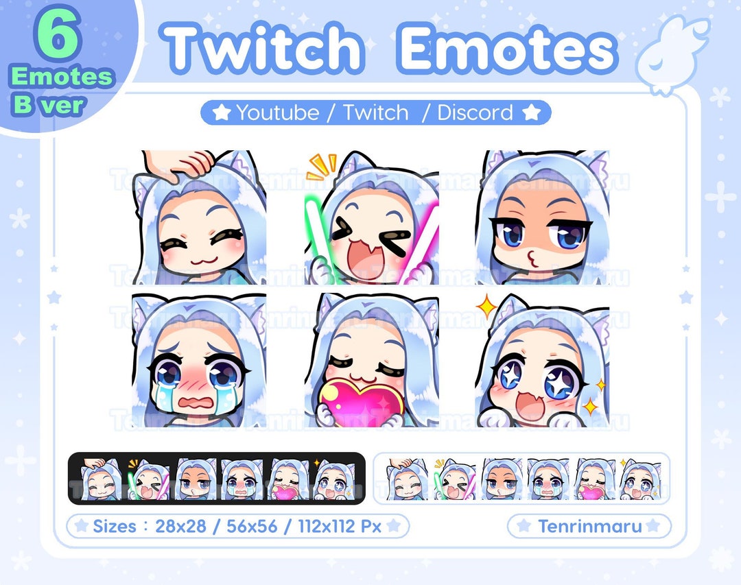 Cute Cat Girl Emotes X6 Light Blue Hair Blue Eyes B Ver Chibi Emotes ...