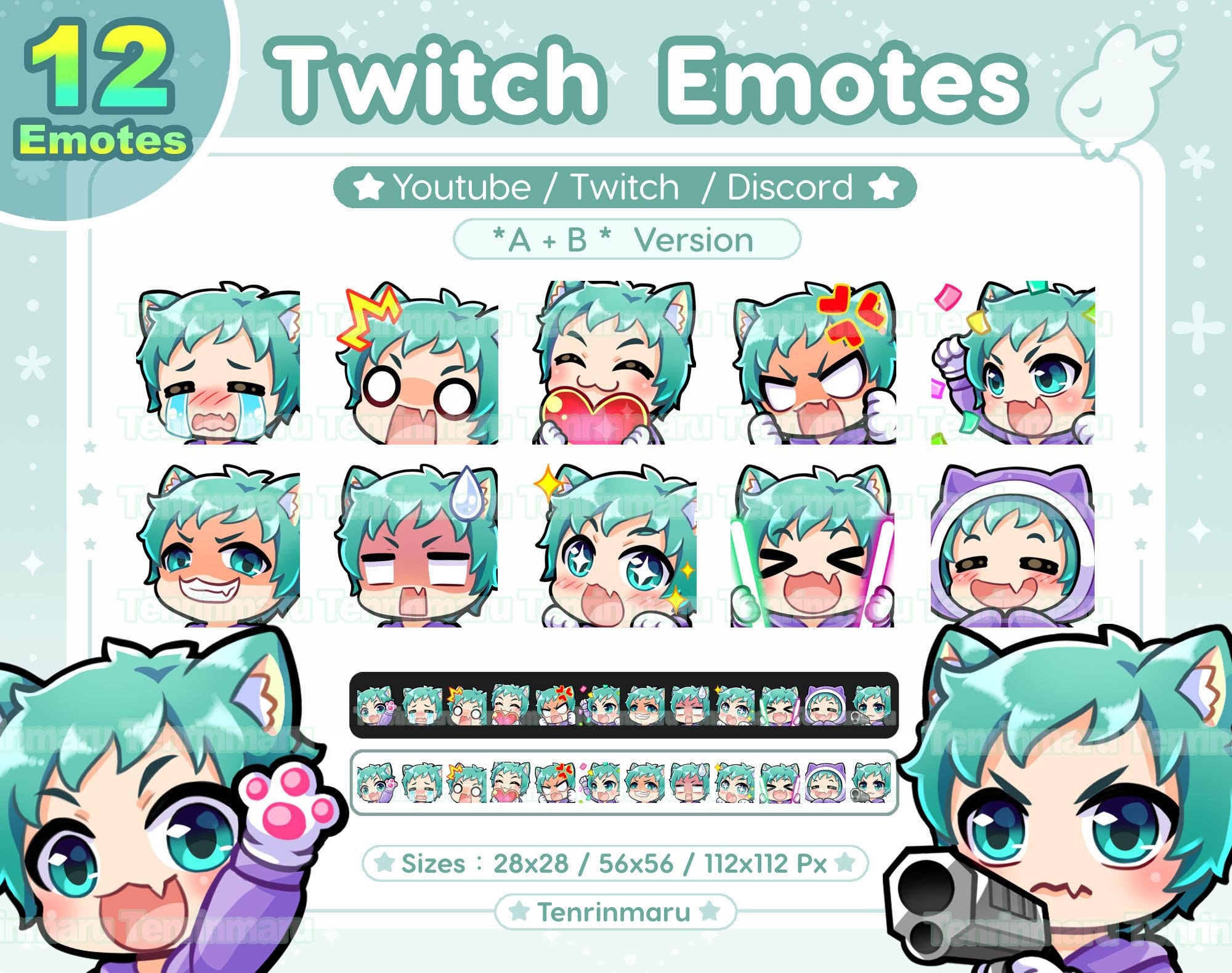 Cute Cat Boy Emotes X12 Green Hair Green Eyes AB Ver Chibi Emotes Pack ...