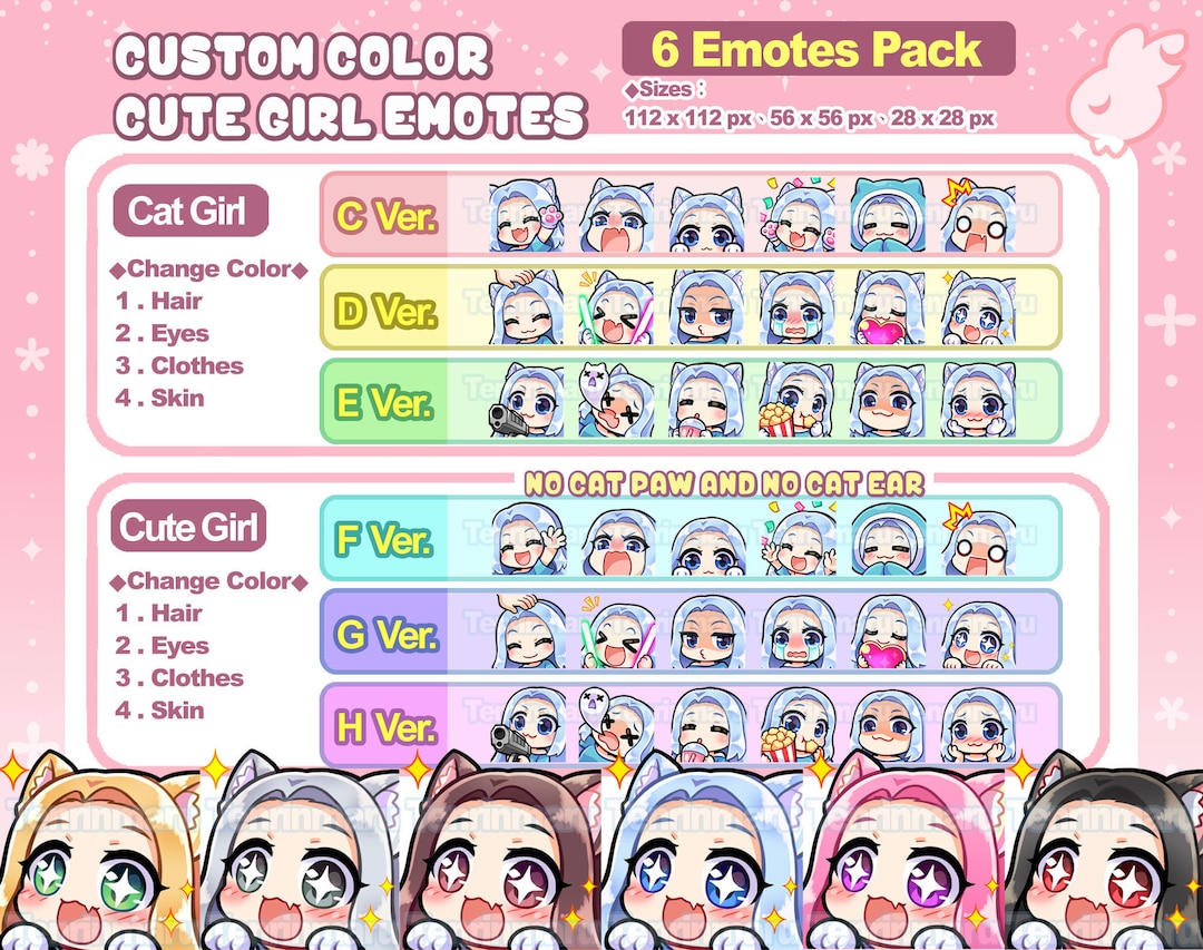 Cute Cat Girl Emotes | 6 Emotes Pack | Custom Color | Anime Style ...
