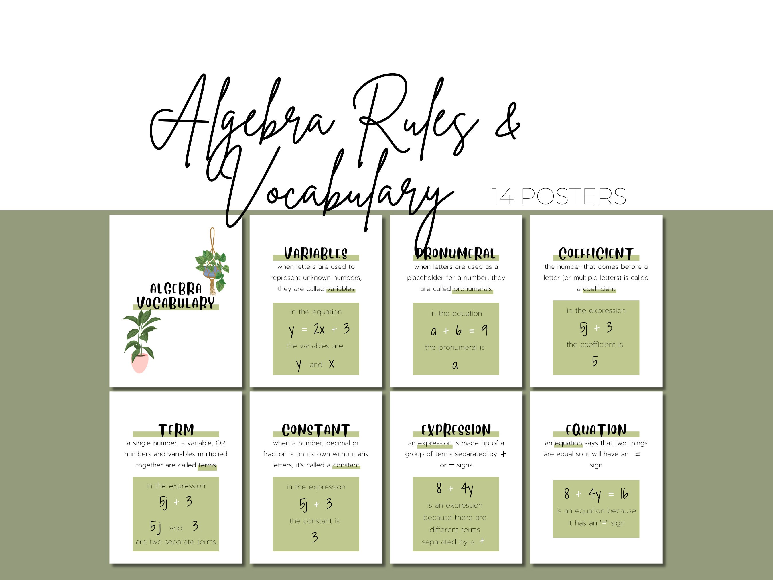 Earthy Tones, Boho Algebra Math Posters Set of 14 Algebra Vocabulary ...