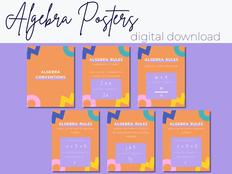 Algebra Posters Set of 12 Fun Colorful Anchor Chart Educational Posters ...