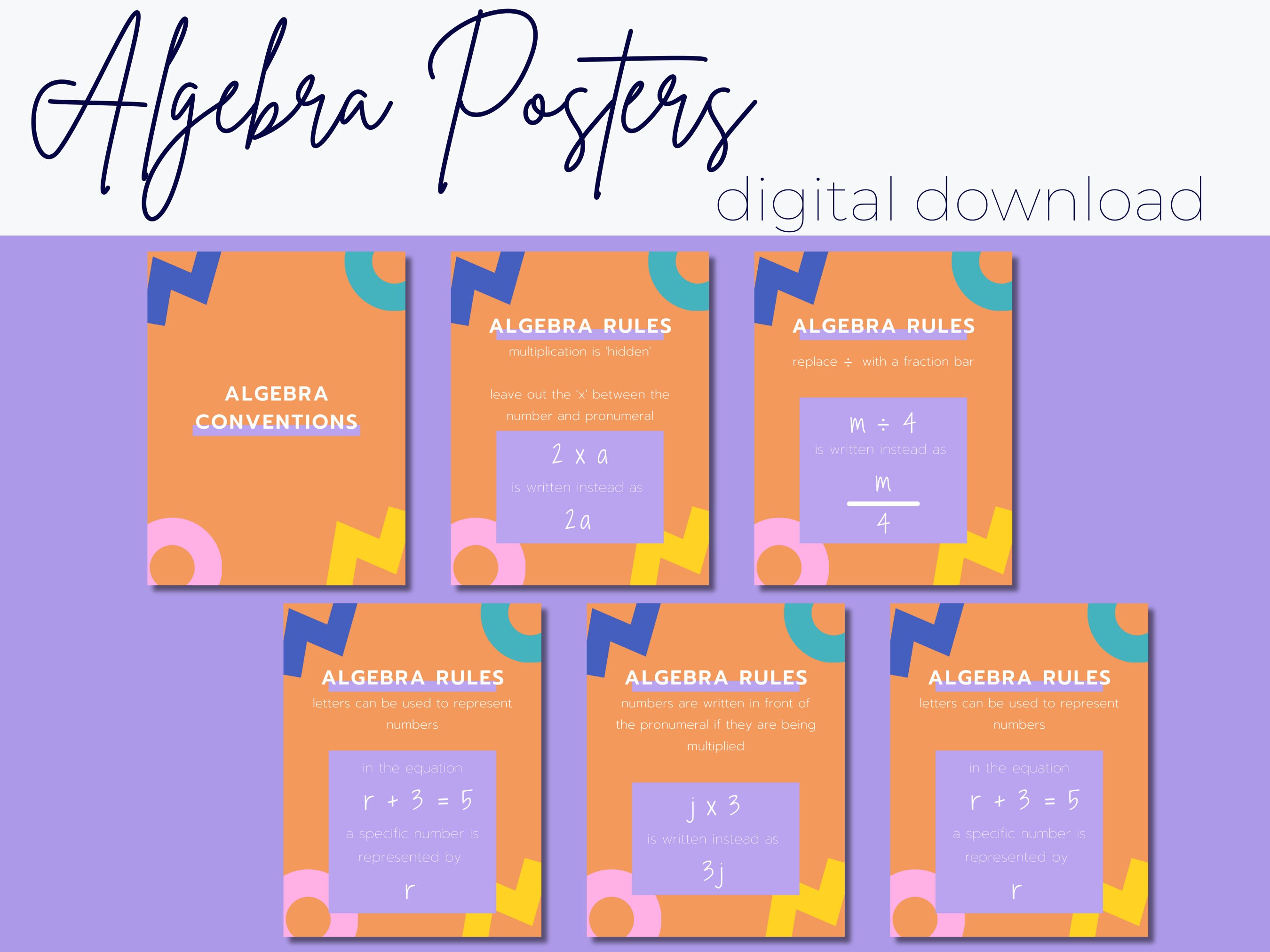 Algebra Posters Set of 12 Fun Colorful Anchor Chart Educational Posters ...