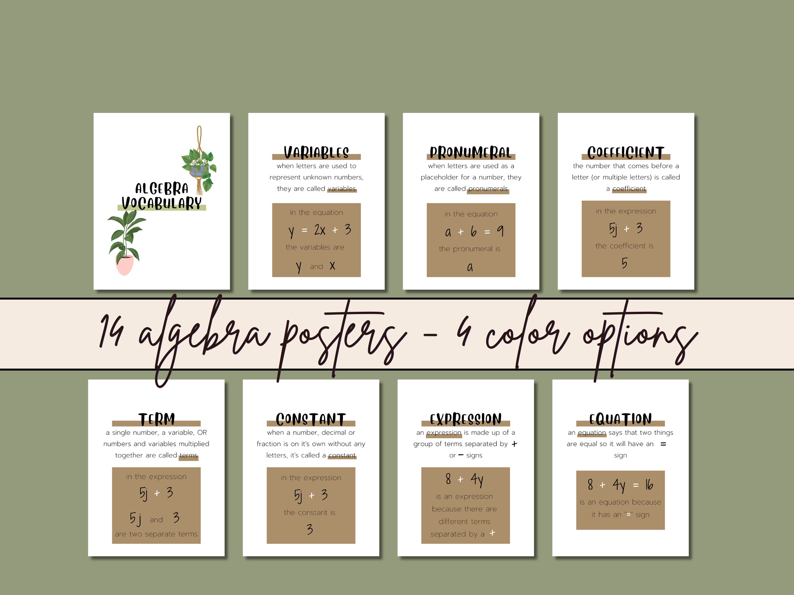 Earthy Tones, Boho Algebra Math Posters Set of 14 Algebra Vocabulary ...