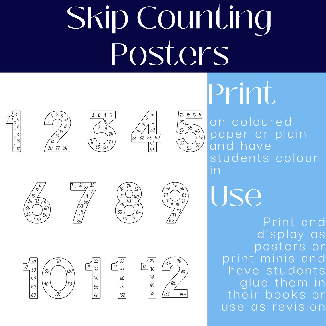 Skip Counting Multiplication and Factors Numbers Posters Bright Rainbow ...