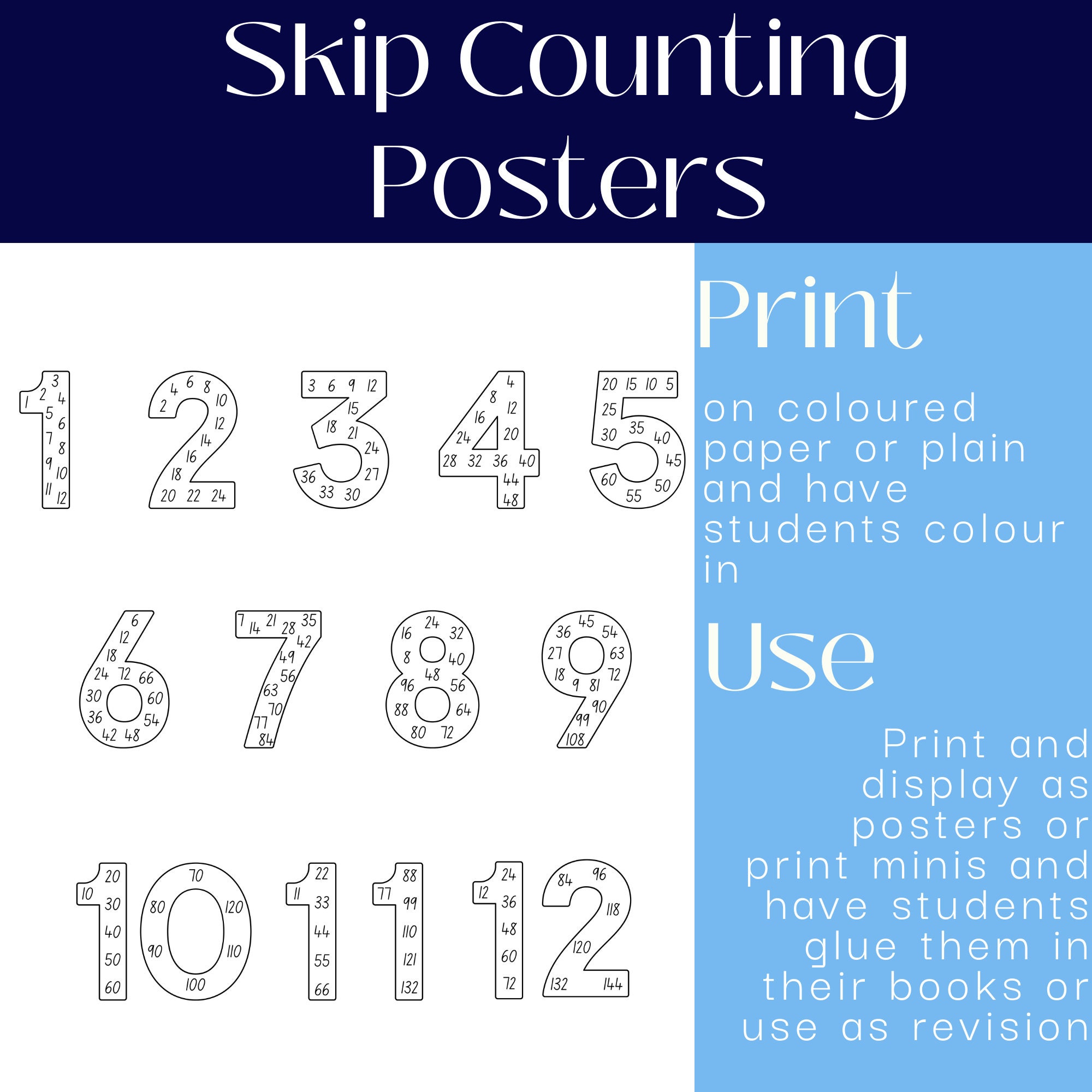 Skip Counting Multiplication and Factors Numbers Posters Bright Rainbow ...