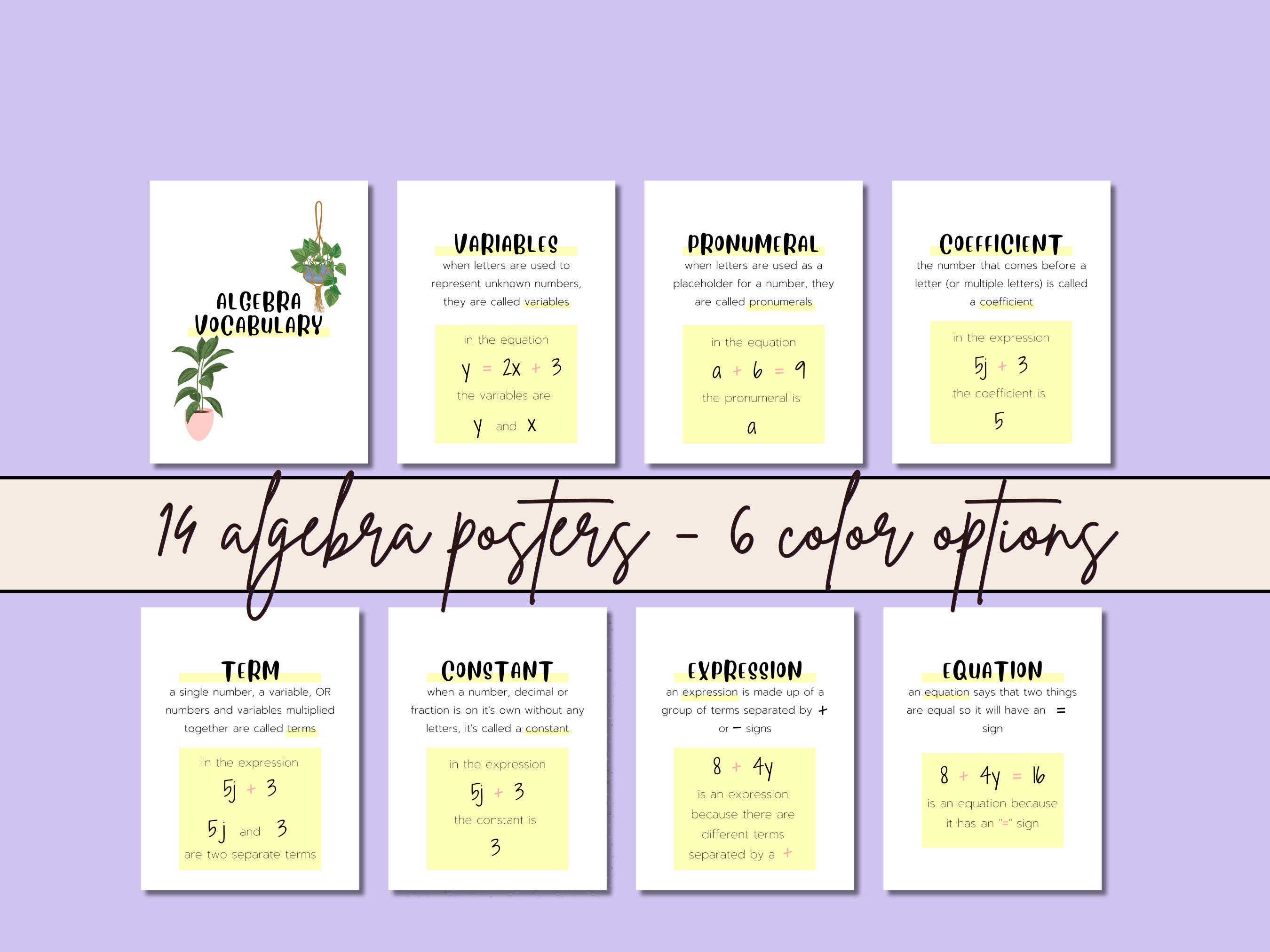 Rainbow Pastel Algebra Math Posters Set of 14 Algebra Vocabulary and ...
