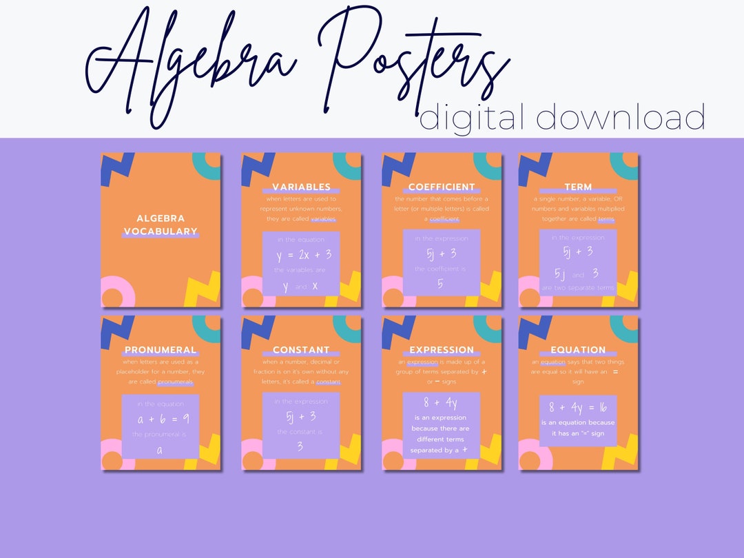 Algebra Posters Set of 12 Fun Colorful Anchor Chart Educational Posters ...