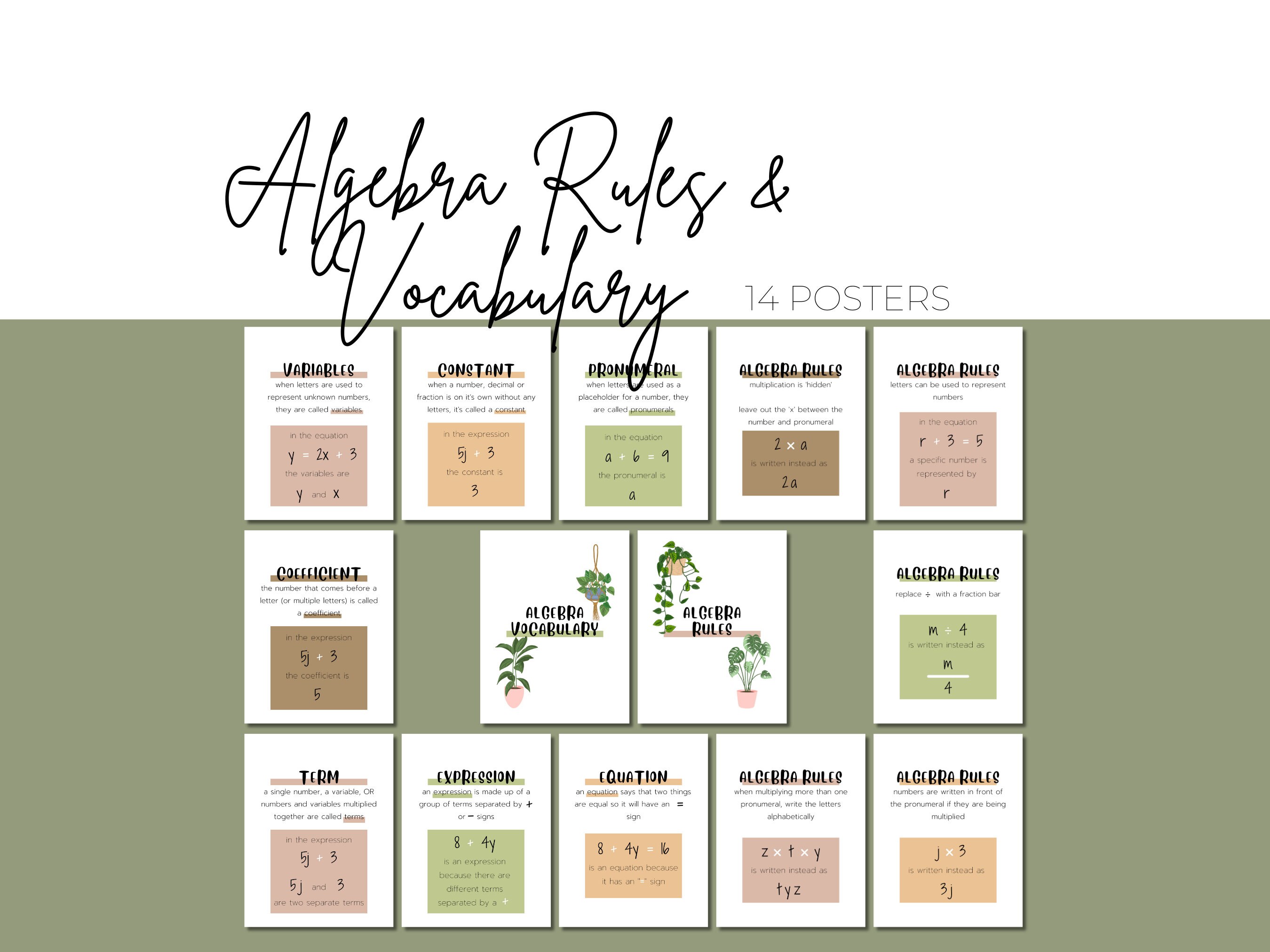 Earthy Tones, Boho Algebra Math Posters Set of 14 Algebra Vocabulary ...