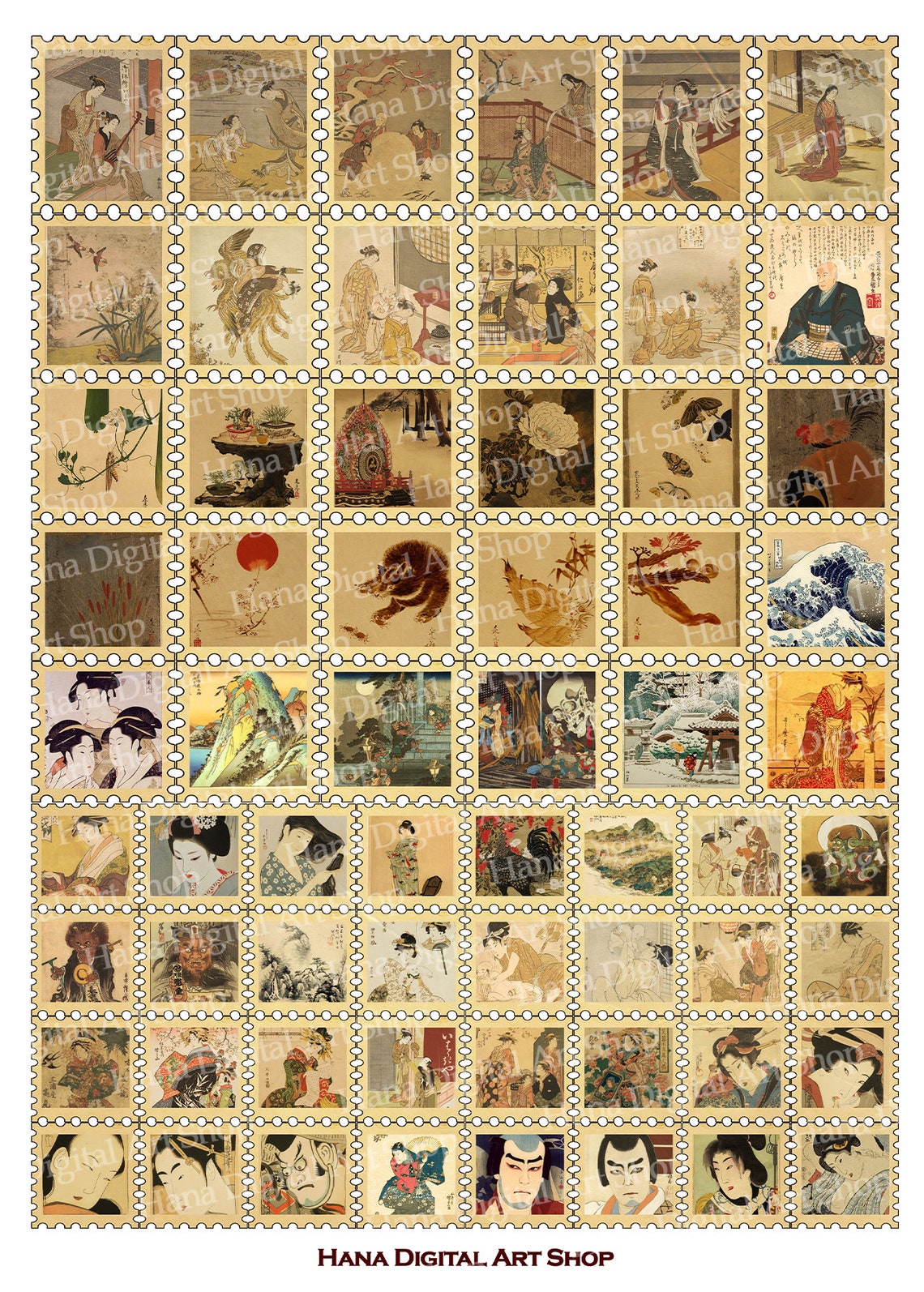 48 JAPANESE STAMPS, JAPANESE Printable Stamp, Vintage Stamp, Painting ...