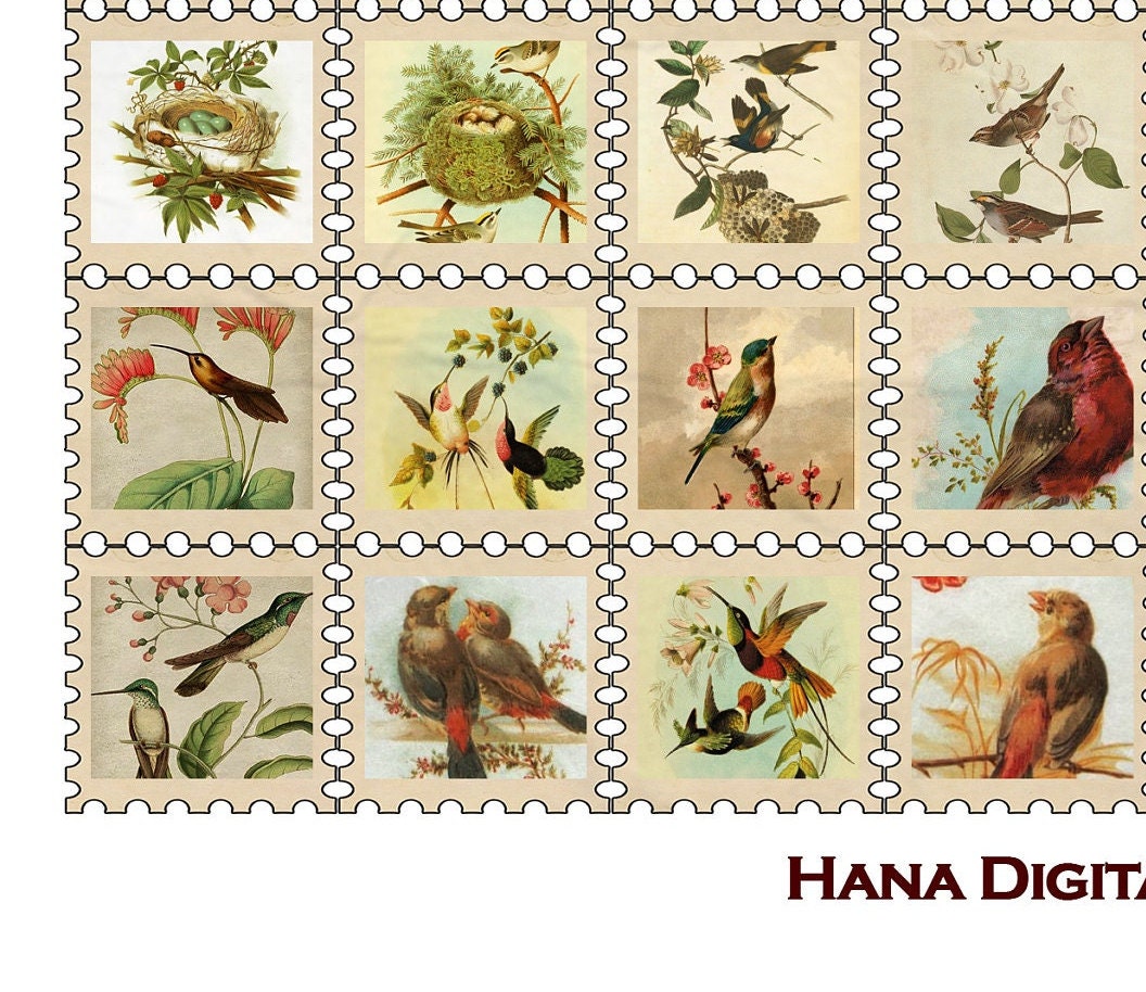 Vintage Bird Stamps, Printable Ephemera, Scrapbook Art (digital ...
