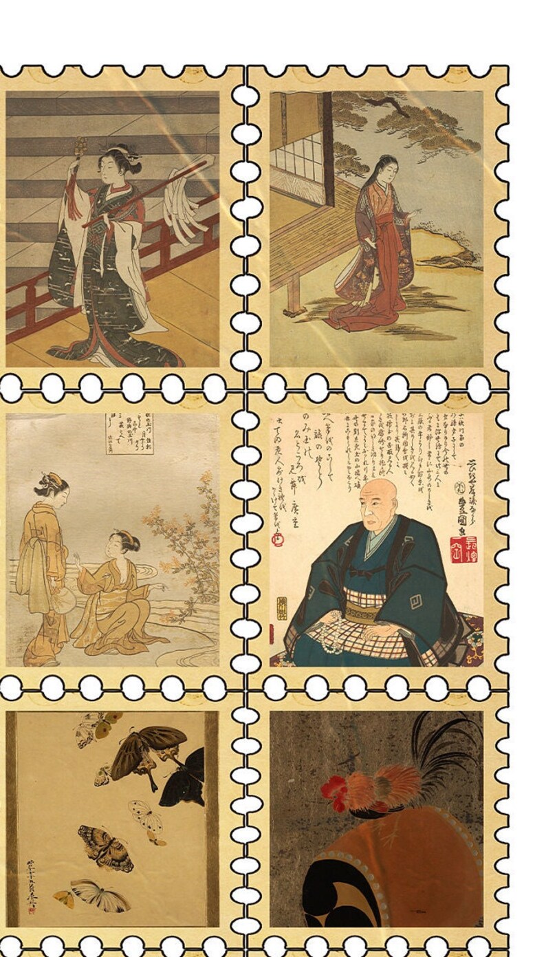 48 JAPANESE STAMPS, JAPANESE Printable Stamp, Vintage Stamp, Painting ...