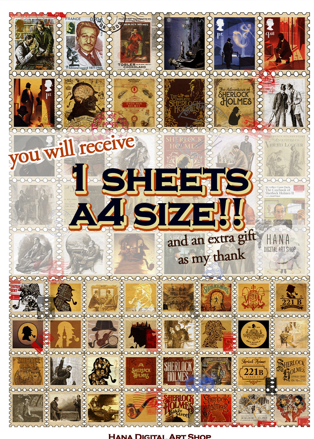 48 SHERLOCK HOLMES STAMPS, Printable Stamp, Vintage Stamp, Holmes ...
