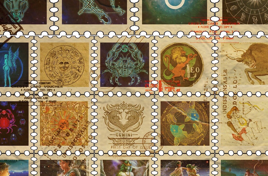 48 ZODIAC STAMPS, Printable Stamp, Vintage Stamp, Horoscopes Stamps ...