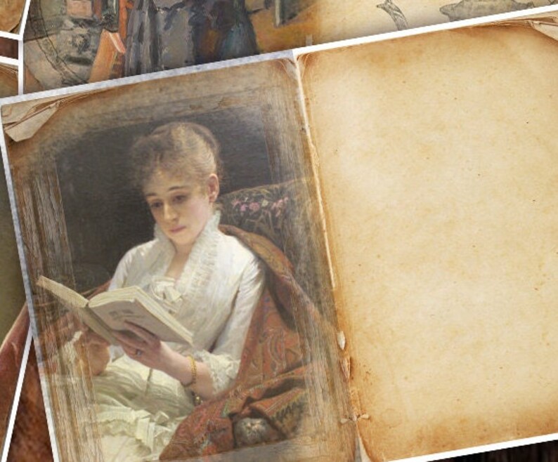 WOMAN READING Double Pages, Painting, Printable Journal Pages, Ephemera ...