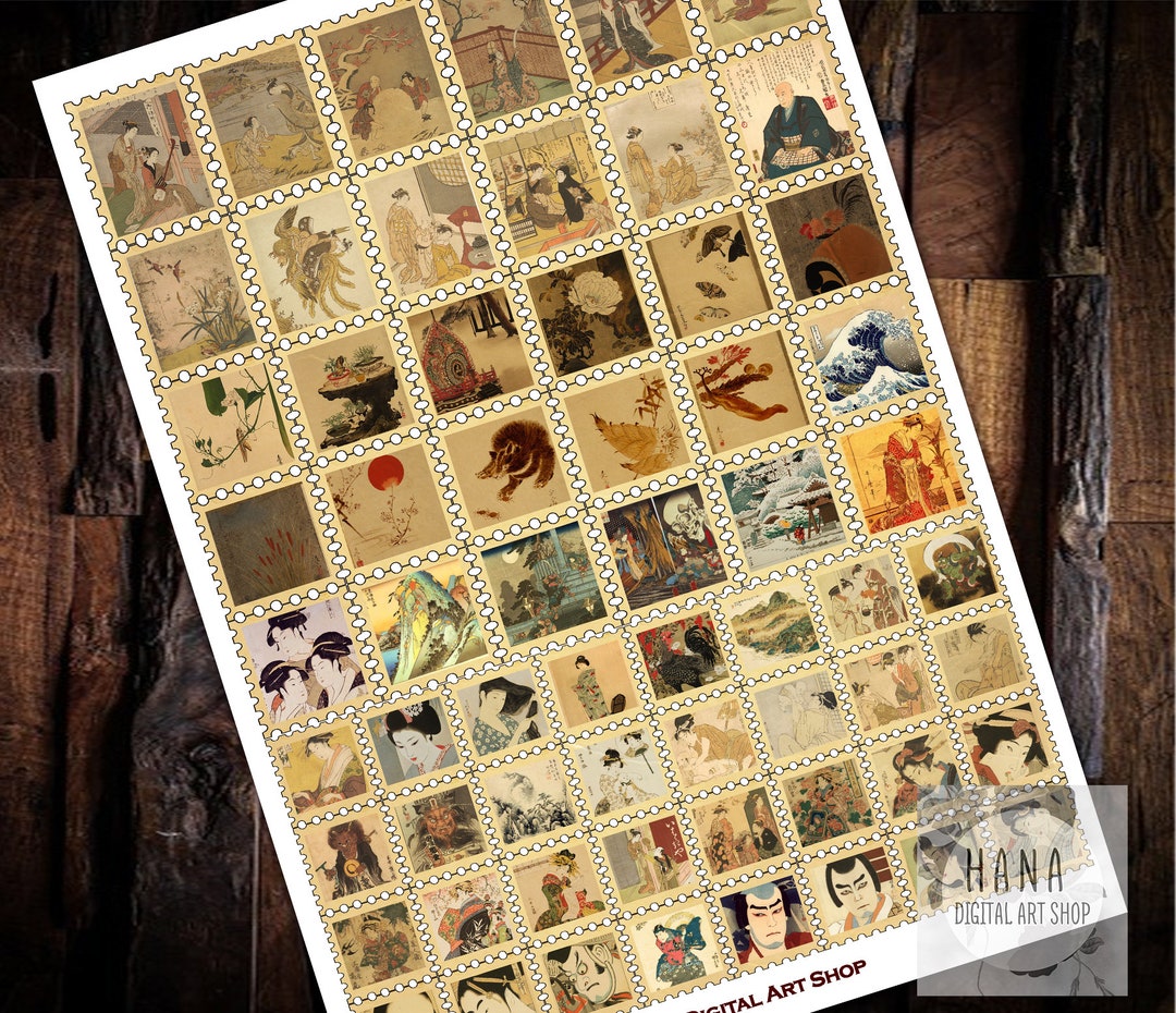 48 JAPANESE STAMPS, JAPANESE Printable Stamp, Vintage Stamp, Painting ...