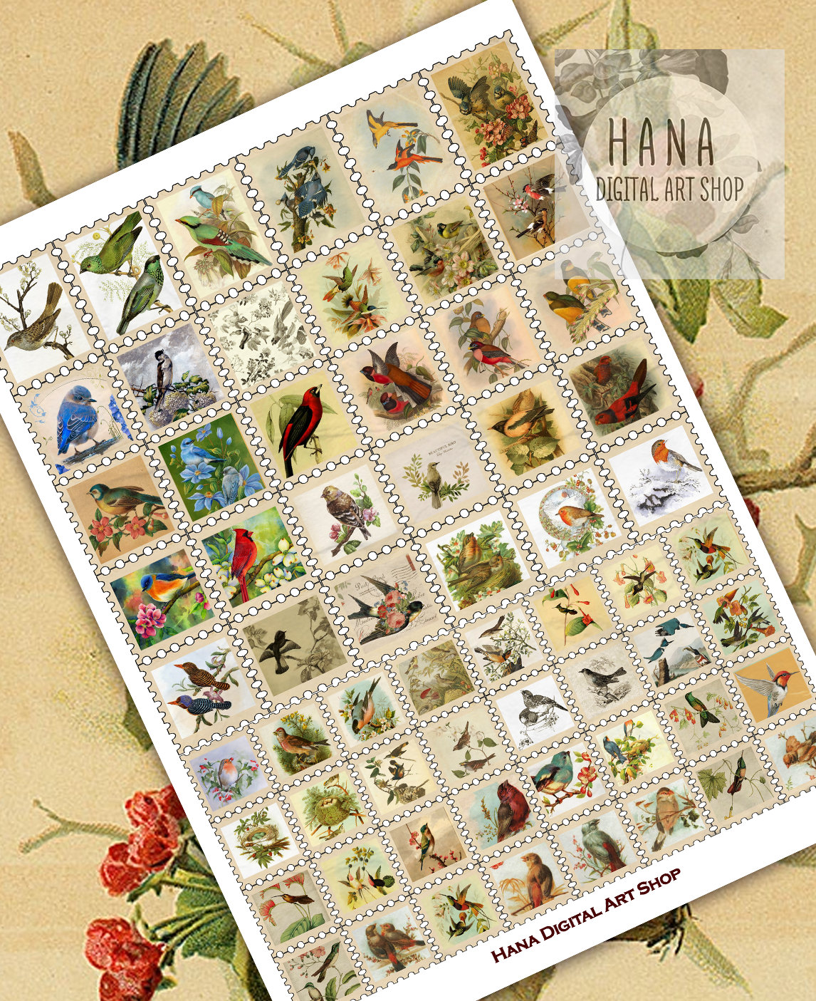 Vintage Bird Stamps, Printable Ephemera, Scrapbook Art (digital ...