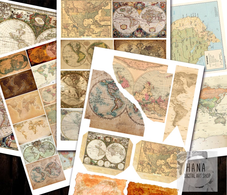 SMALL MAPS Cards, Printable Vintage Map Paper, Junk Journal Ephemera ...