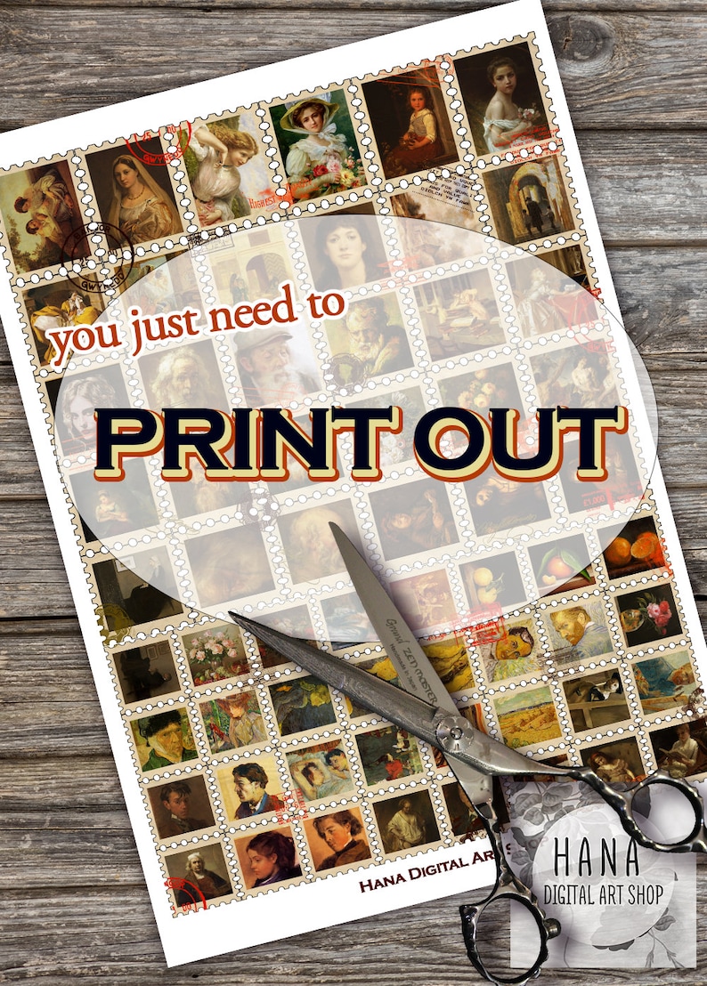 48 OIL PAINTING STAMPS, Printable Stamp, Vintage Stamp, Painting Stamps ...