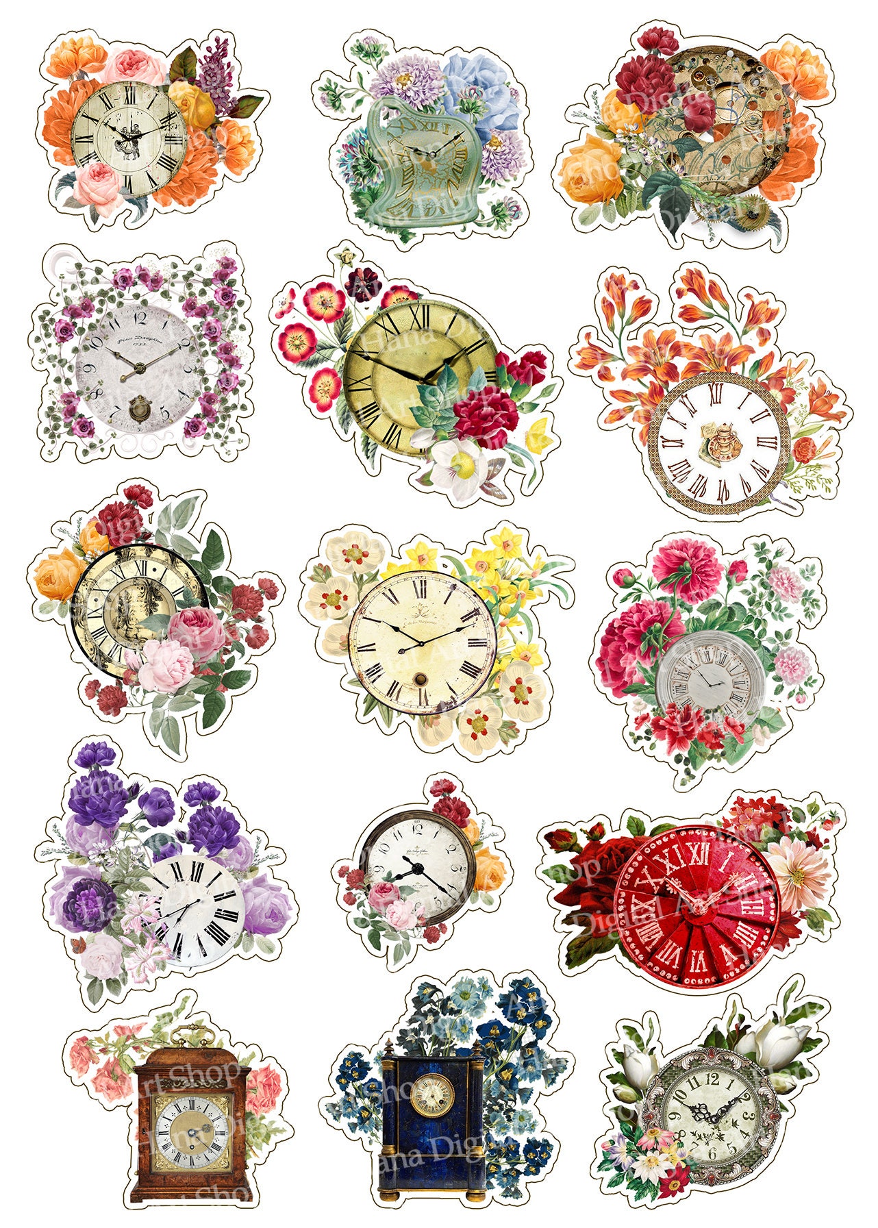 FLOWER AND CLOCK Ephemera, Junk Journal, Clock Kit, Vintage Tags ...