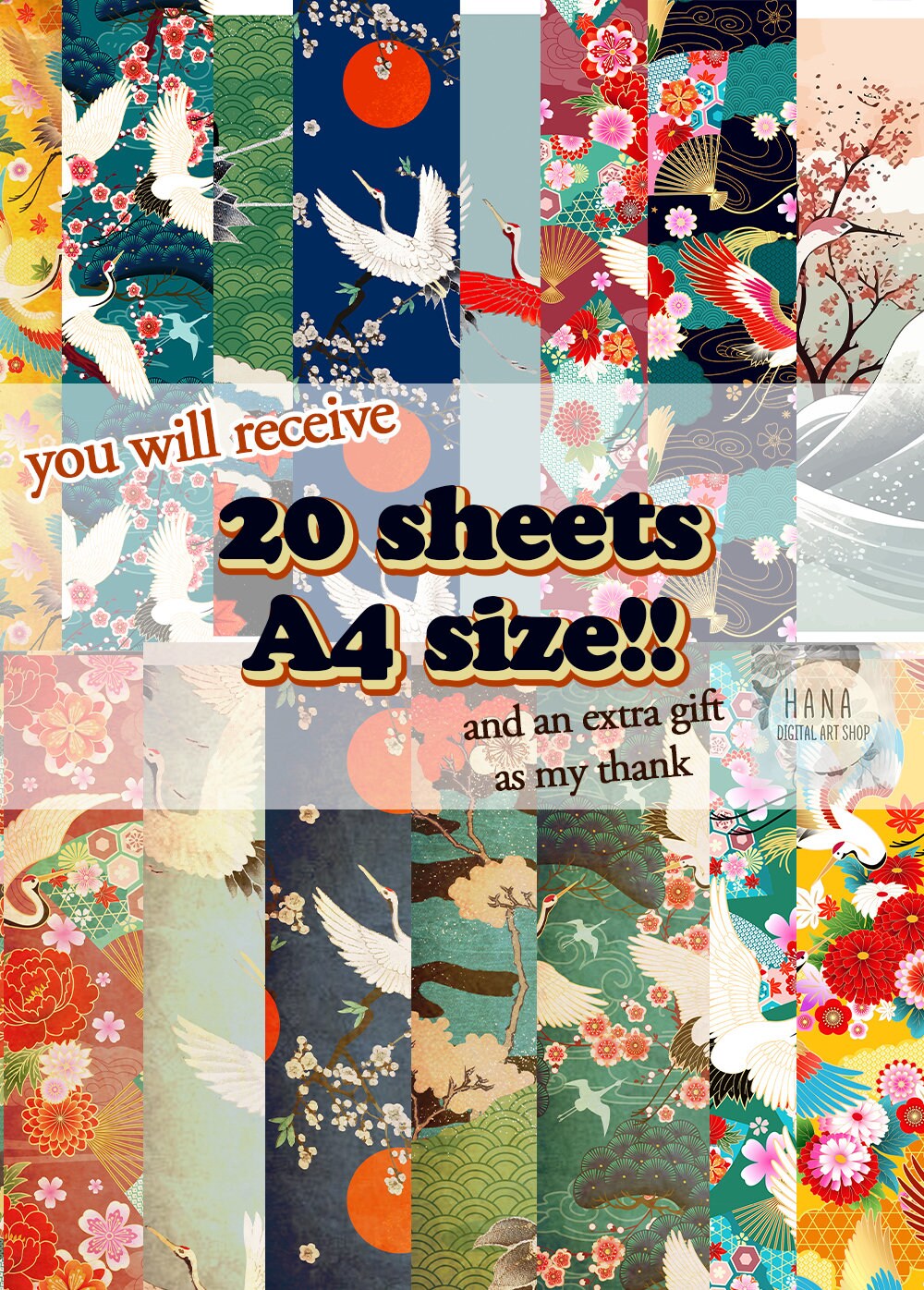 JAPANESE CRANE PATTERN Paper, Japanese Bird and Fan Pattern, Japanese ...