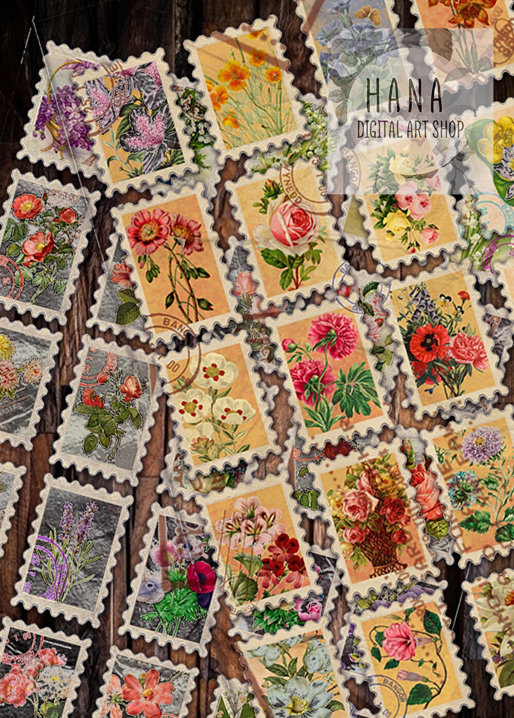 50 FLOWER STAMPS, Printable Stamp, Vintage Letters, Vintage Stamps ...