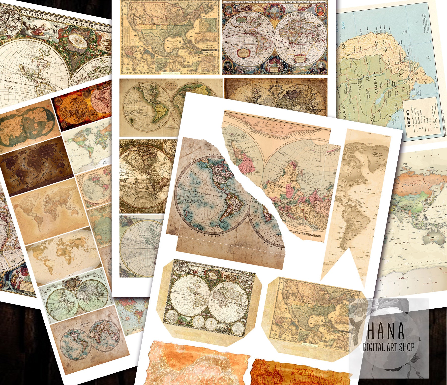 SMALL MAPS Cards, Printable Vintage Map Paper, Junk Journal Ephemera ...
