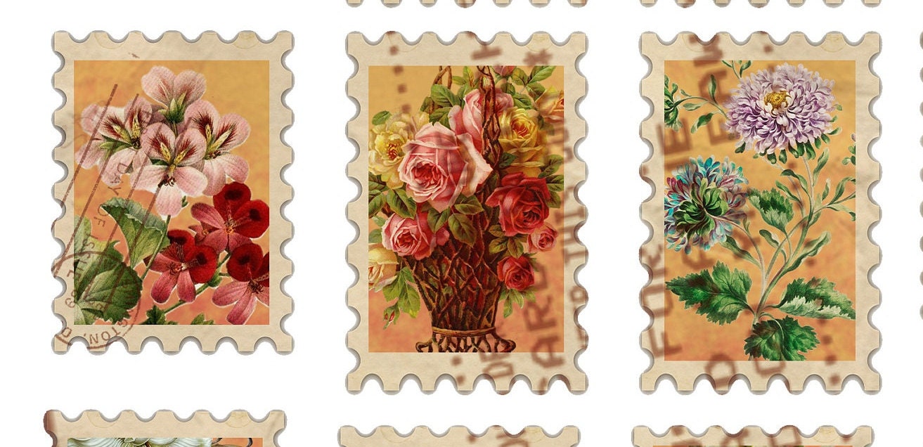 50 FLOWER STAMPS, Printable Stamp, Vintage Letters, Vintage Stamps ...