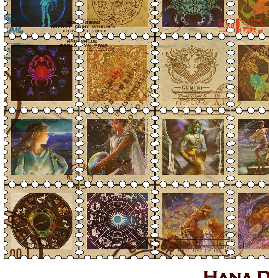 48 ZODIAC STAMPS, Printable Stamp, Vintage Stamp, Horoscopes Stamps ...