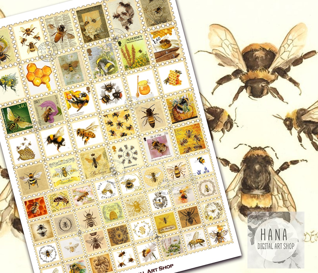 48 BEE STAMPS, Printable Stamp, Vintage Bee Art, Vintage Stamps, Honey ...