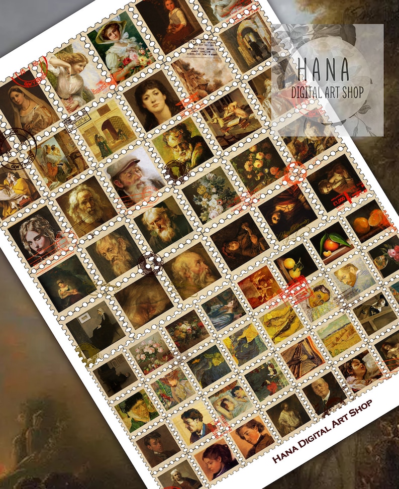 48 OIL PAINTING STAMPS, Printable Stamp, Vintage Stamp, Painting Stamps ...