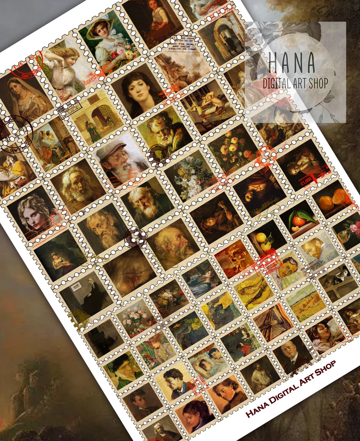 48 OIL PAINTING STAMPS, Printable Stamp, Vintage Stamp, Painting Stamps ...