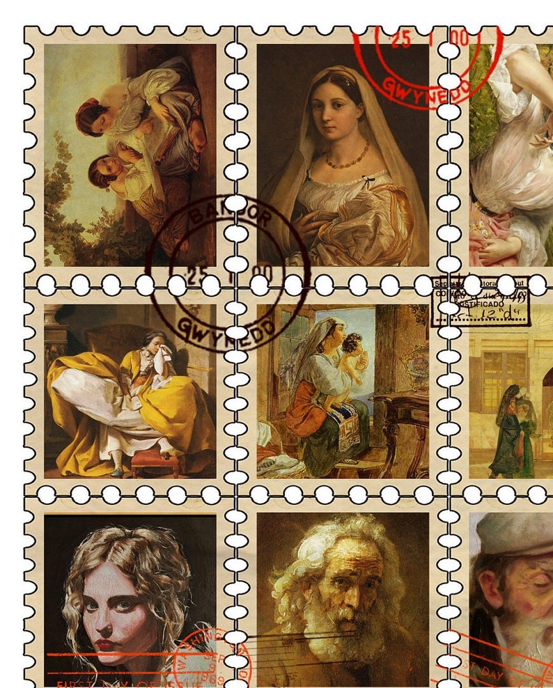 48 OIL PAINTING STAMPS, Printable Stamp, Vintage Stamp, Painting Stamps ...