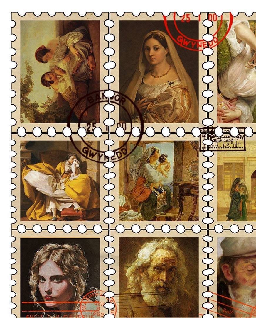 48 OIL PAINTING STAMPS, Printable Stamp, Vintage Stamp, Painting Stamps ...