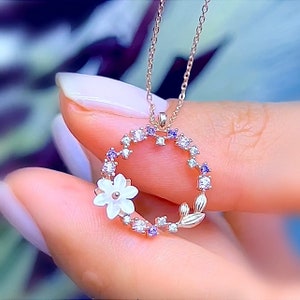 Circle Love Moire Flowers Necklace Women Silver Necklace Rose Gold ...