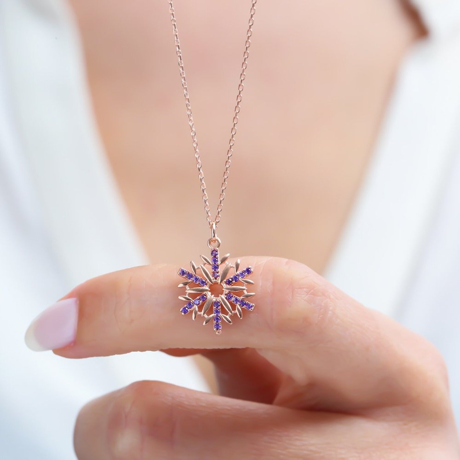 Snowflake Amethyst Crystal Rose Gold Color Silver Necklace - Etsy