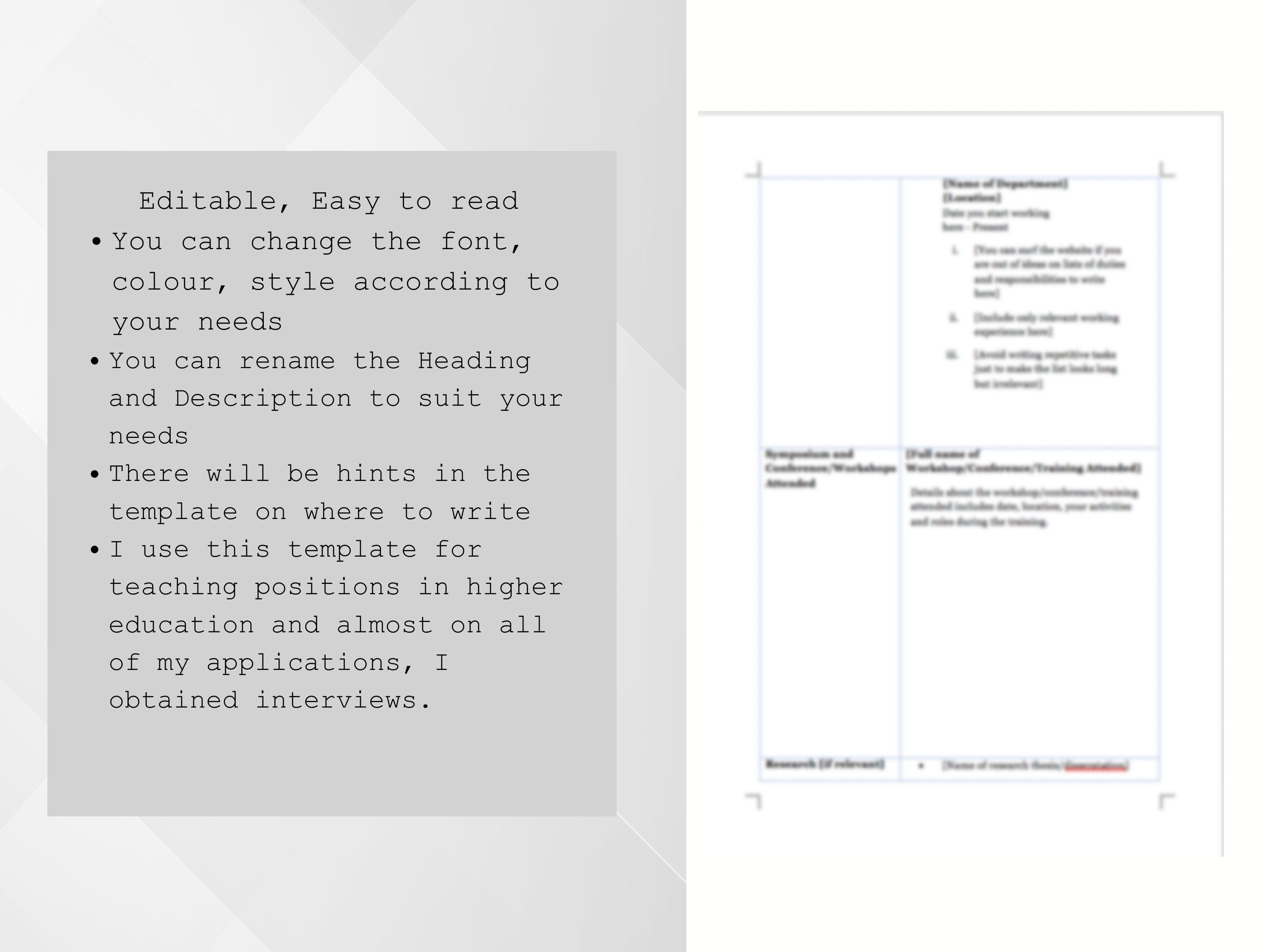 CV and Cover Letter Template for Teaching and Lecturing Position ...