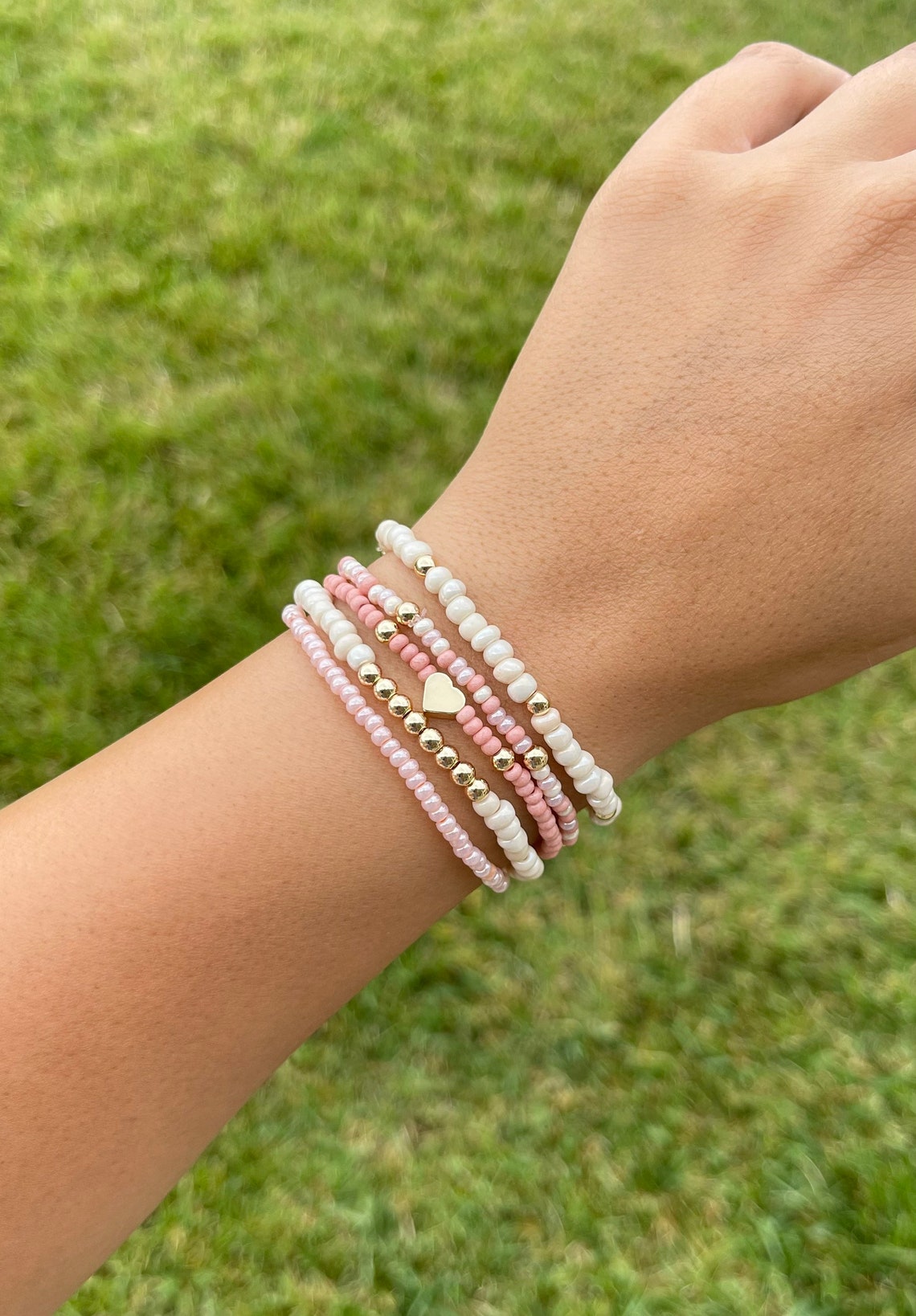 Pretty Pink Neutral Bracelet Stack Handmade Beaded Bracelets - Etsy