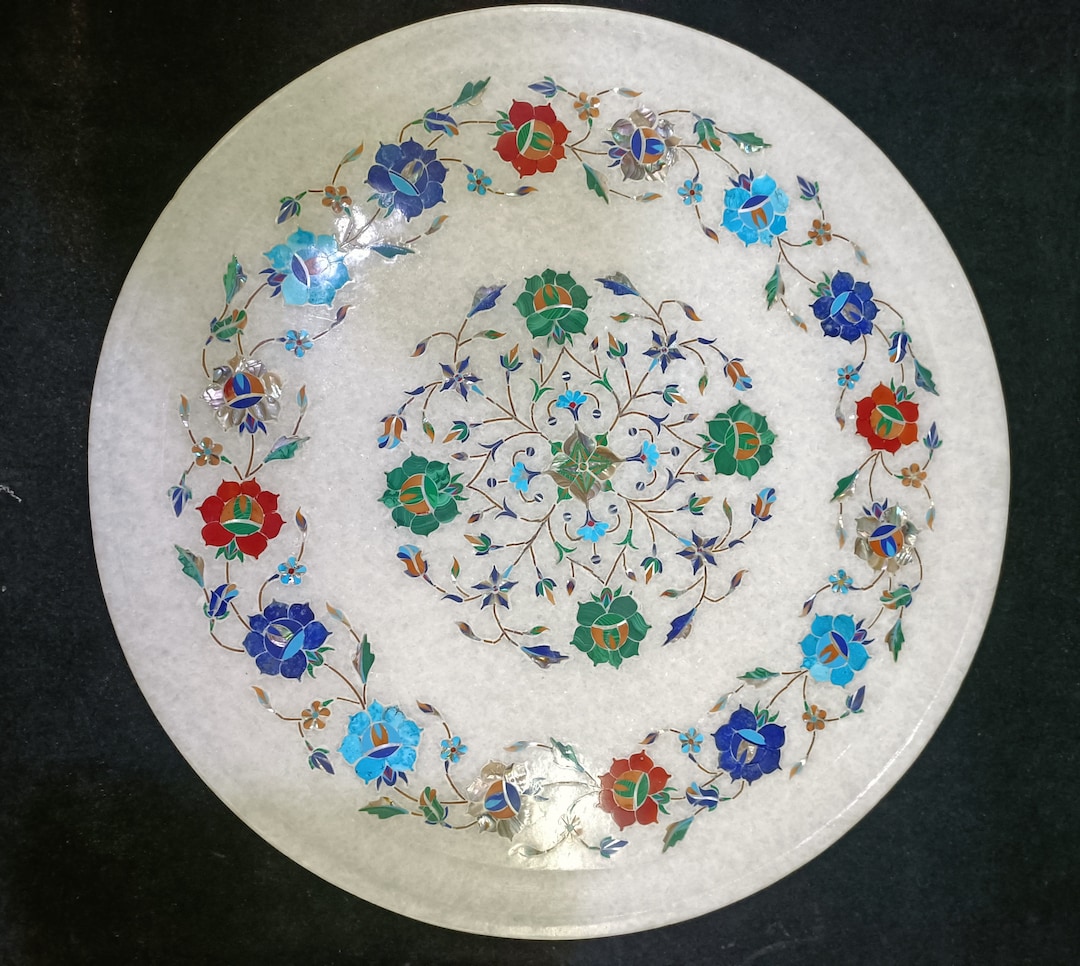 15" Marble Inlay Plate. Semiprecious Inlay Art. Home Decor Marble Plate ...