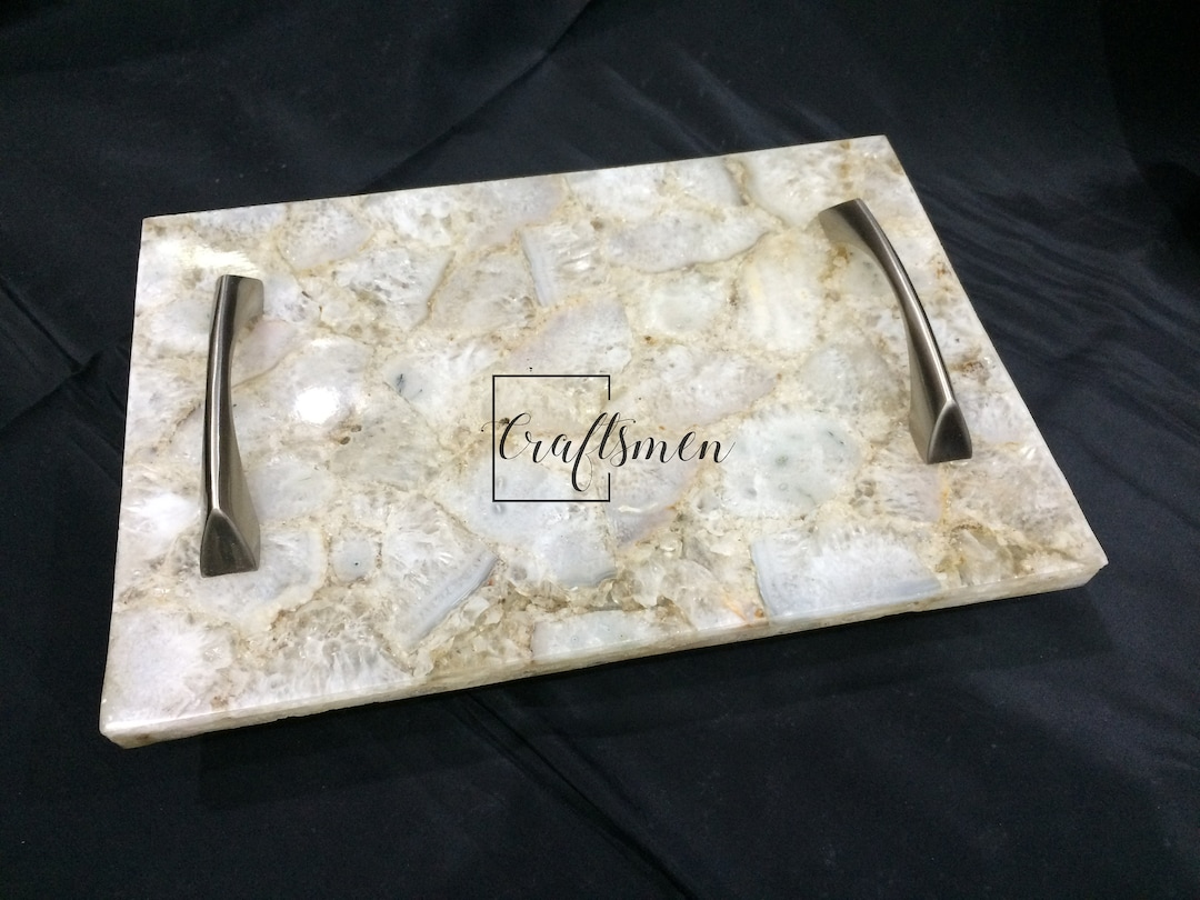 12"x9" Quartz Serving Tray With Steel Finish Handle. Green Agate Tray ...