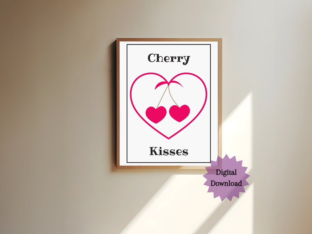 Valentines Day Printable Poster Cherry Kisses Wall Art Valentine Decor ...