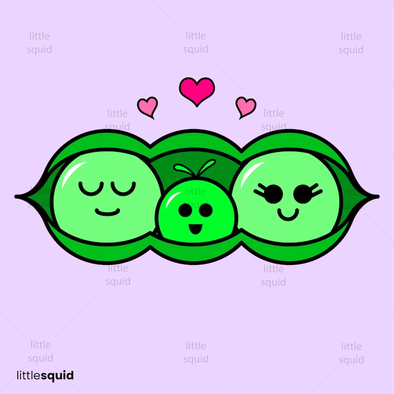 Kawaii Pea Pod Family | Kawaii Art | Cute Peas in a Pod | Digital ...