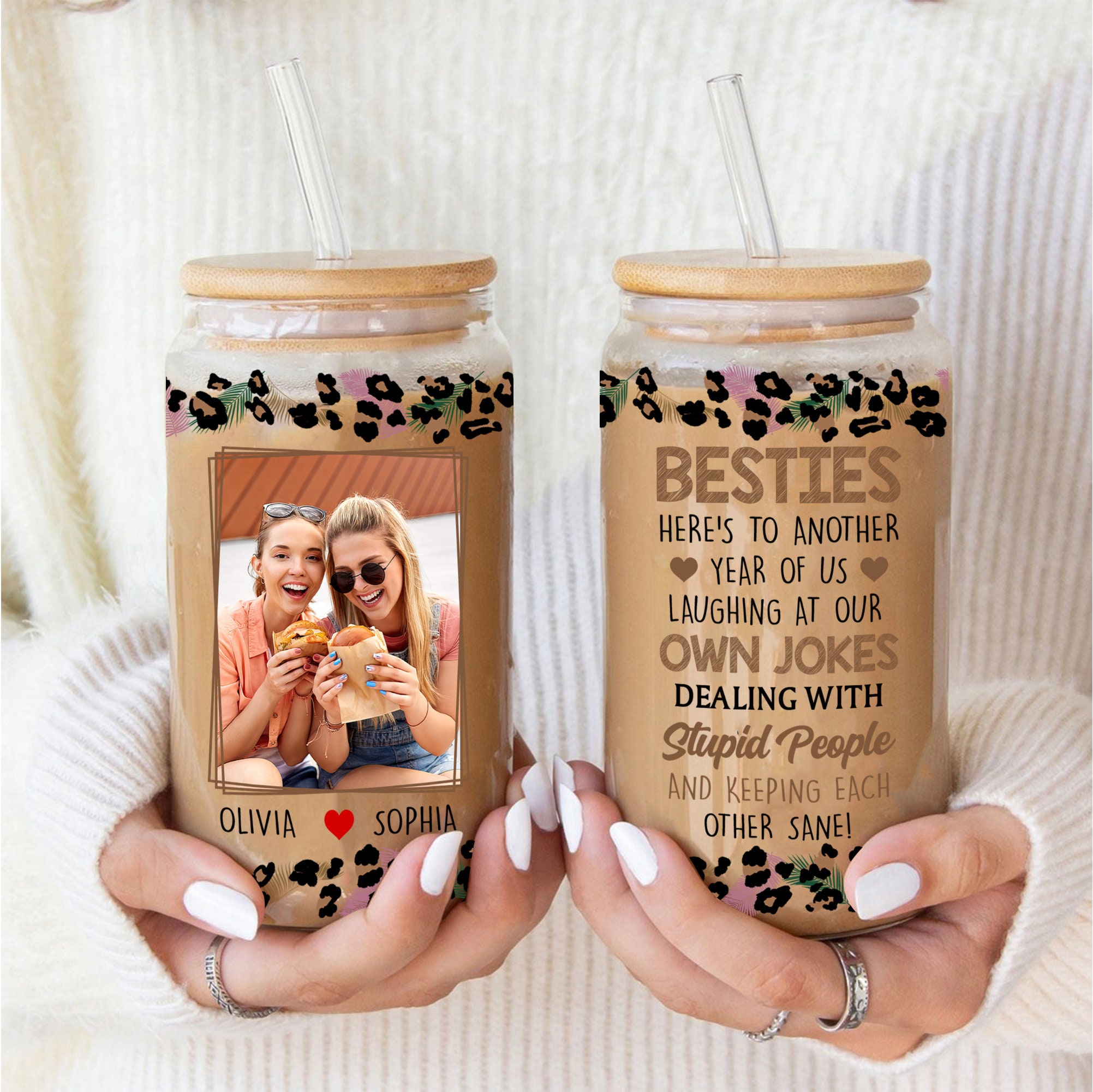 Bestie Glass With Lid & Straw, Personalized Photo Besties Glass Cup ...