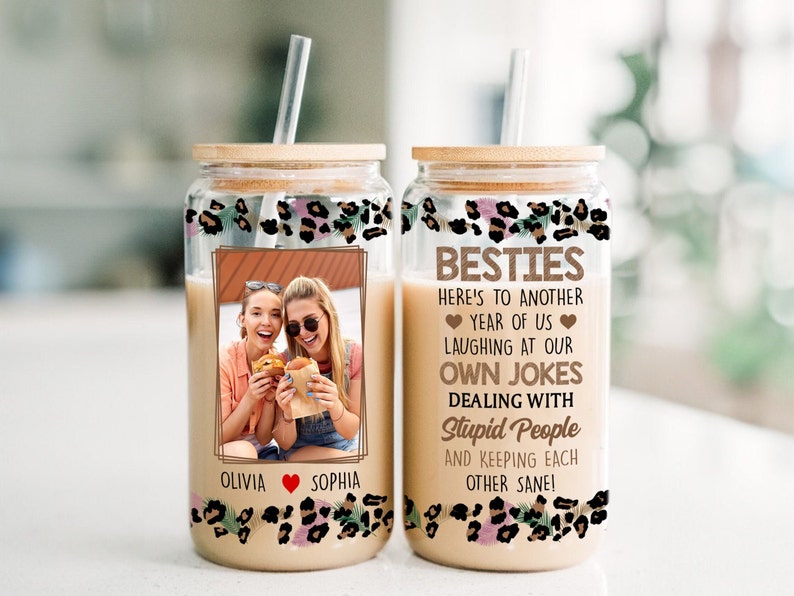 Bestie Glass With Lid & Straw, Personalized Photo Besties Glass Cup ...