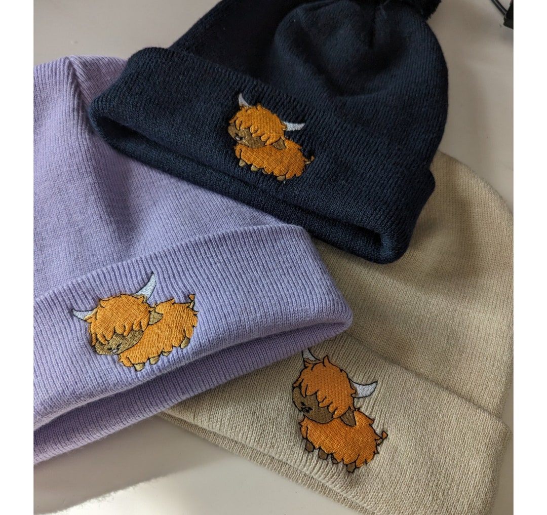 Embroidered Cute Highland Cow Beanie, Cow Gifts, Custom Embroidery ...
