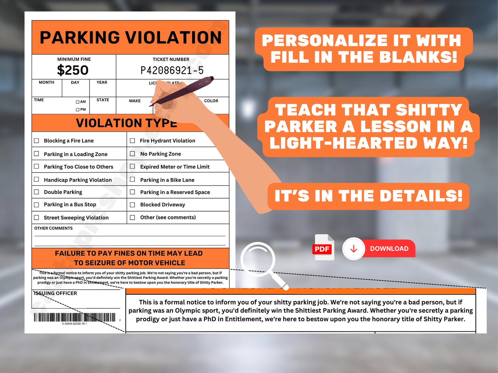 Prank Parking Ticket: Gag Violation With Color-in Animal (digital ...