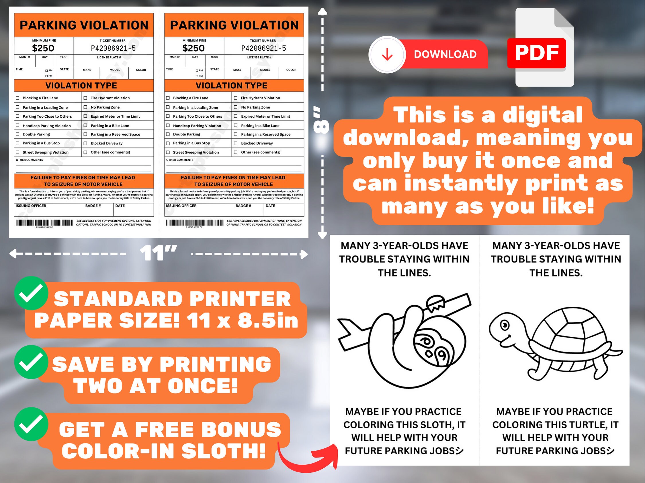 Prank Parking Ticket: Gag Violation With Color-in Animal (digital ...