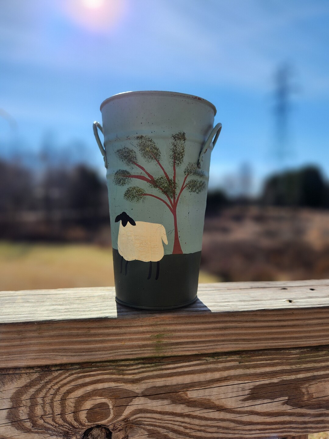 Vintage Metal Flower Bucket, Primitive Vase, Sheep and Willow Tree - Etsy