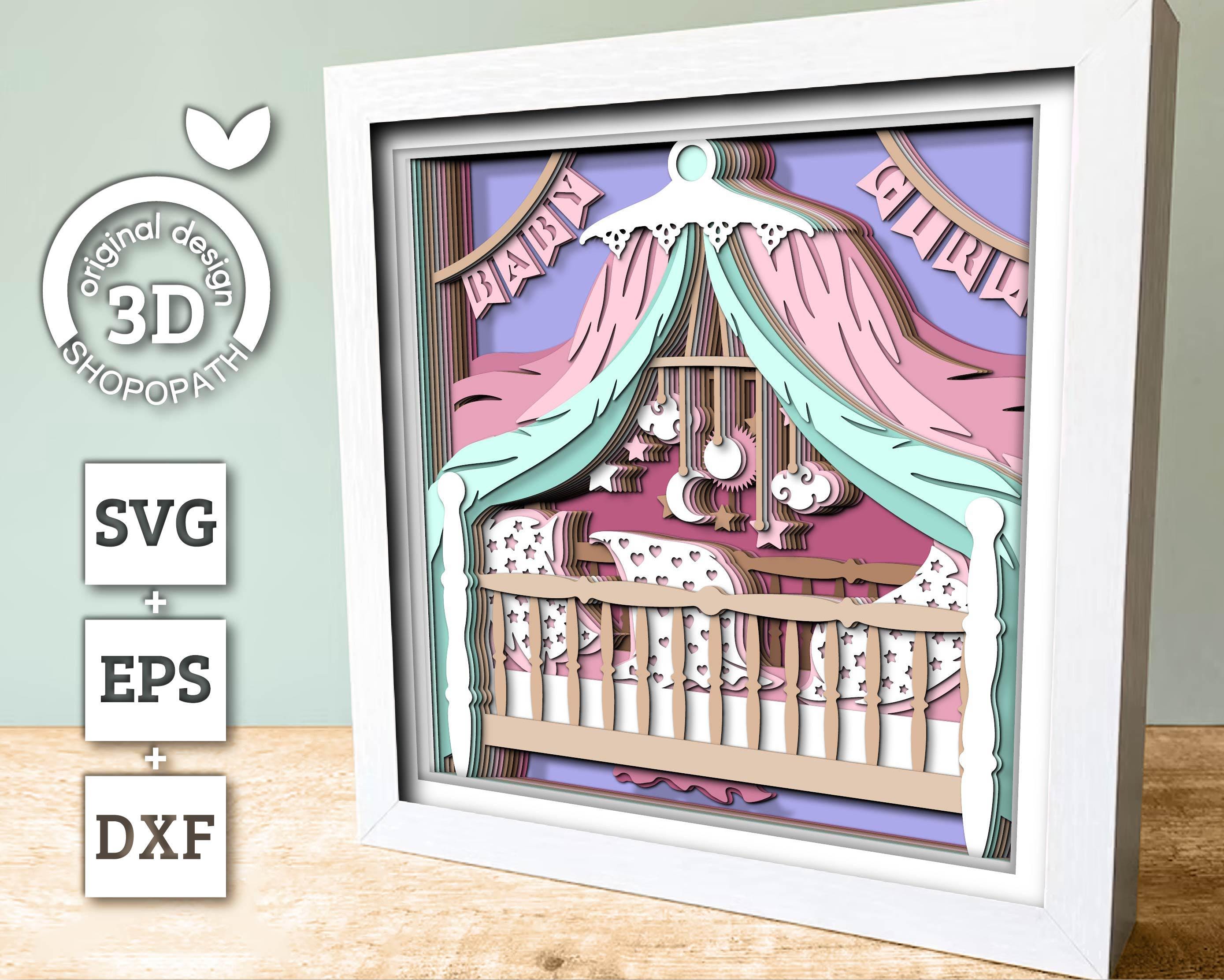 3D Baby Girl Crib Shadow Box SVG, Cute Baby 3d Svg, Baby Shower Decor ...