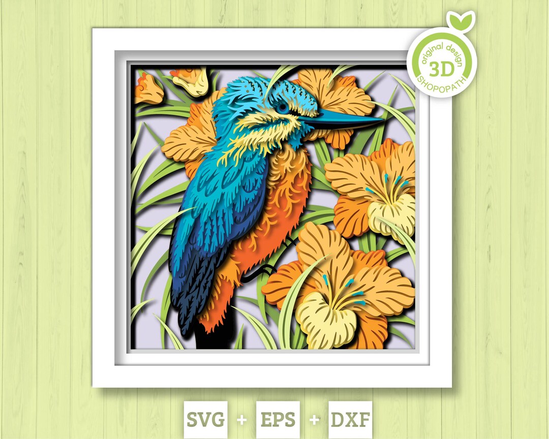 Kingfisher Bird Shadow Box 3D SVG With Gladiolus Flowers, Nature ...